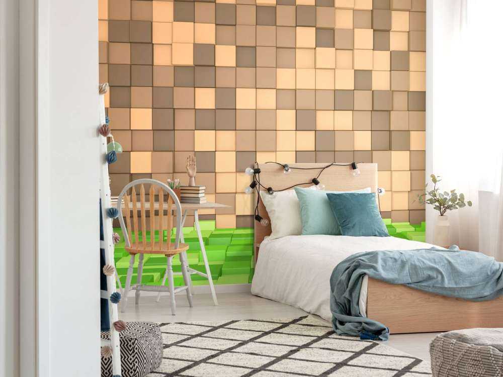 Fototapet - 3D Minecraft-landskap med bruna block - Tapet.com